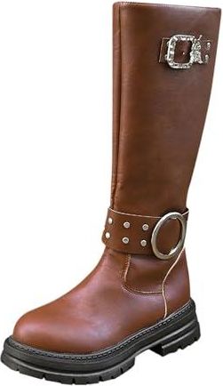 Generic Bottes montantes au genou pour femme - Large mollet - Bout rond - &Eacute;l&eacute;gantes - Couleur unie - Talon bas et &eacute;pais - Boucle - Fermeture &eacute;clair lat&eacute;rale -