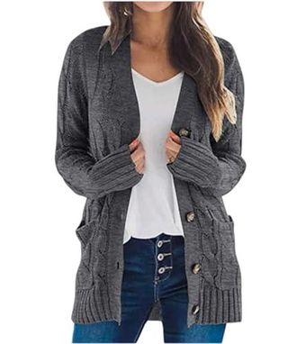 Generic Cardigan dautomne d&eacute;contract&eacute; &agrave; manches longues boutonn&eacute; sur le devant pour femme, cardigan ouvert sur le devant pour femme, gris fonc&eacute;, 3XL
