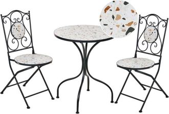 Beliani Ensemble de Bistro Vintage en M&eacute;tal Meuble dExt&eacute;rieur avec Plateau Effet Terrazzo Table et Chaises Noir Artena