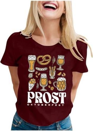 Generic 2026 T-shirt graphique Oktoberfest décontracté à manches courtes pour femme, bordeaux, 3XL
