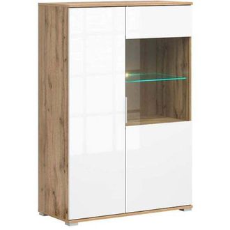PEGANE Vitrine haute en verre tremp&eacute; &agrave; 2 portes avec &eacute;clairage LED coloris Ch&ecirc;ne wotan/Blanc brillant - Longueur 90 x Profondeur 41 x Hauteur 132 cm