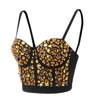 Generic Débardeur corset à bretelles pour femme - Haut sans manches à paillettes noir - Haut caraco à paillettes à bretelles spaghetti - Haut court sans brete