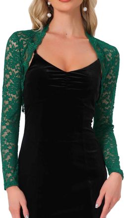 Allegra K Damen Hochzeit Bolero aus Floraler Spitze mit R&uuml;schen Lang&auml;rm Vorne Offen Kurzer Cardigan Gr&uuml;n XS