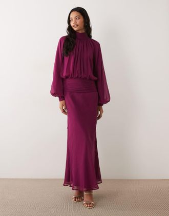 Asos Maxikleid aus Chiffon mit hohem Kragen, Drapierung und Bindeband am Hals in Lila-Multi