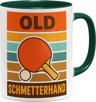 OM3 lustige Tischtennis Kaffee-Tasse mit Spruch - Old Schmetterhand - f&uuml;r Tischtennisspieler & Vereinskollegen - Keramik Becher - 325ml - Beidseitig Bedru
