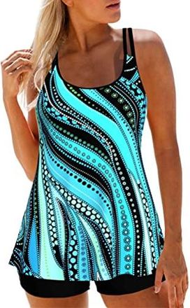 Minetom Maillot de Bain 2 Pièces Femme Tankini Ensembles Maillots Push Up Bikini Set Imprimé sans Manches Débardeur et Short B Bleu XXL