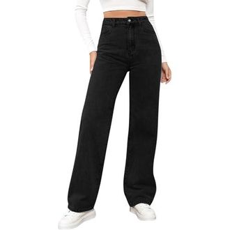 Generic Jean large d&eacute;contract&eacute; taille haute extensible &agrave; jambe droite avec poches pour voyage quotidien, Noir, 3XL
