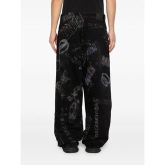Balenciaga Mens Wide-Leg Jeans With Graphic Pattern Black Cotton (outer)