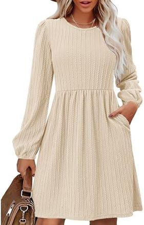 Zeagoo Robe pour femme &agrave; manches longues - Robe dautomne &eacute;l&eacute;gante - Ligne A - Robe dhiver - Col rond - Robe en tricot ample - Longueur genou - Robe tunique a