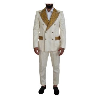 Dolce & Gabbana Off White Gold Gestreifter Tuxedo Slim Fit Anzug - - Suits - Herren - Mehrfarbig - S
