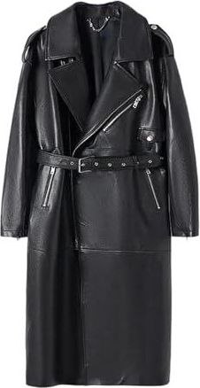 Generic Trench-coat long en cuir v&eacute;ritable pour femme - revers crant&eacute; l&acirc;che fermeture &eacute;clair lacets ceinture moto v&ecirc;tements dext&eacute;rieur, Noir, M