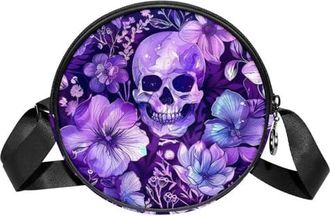 Generic Sac &agrave; bandouli&egrave;re rond pour femme, motif t&ecirc;te de mort florale violette avec fermeture &eacute;clair, bretelles r&eacute;glables, sac &agrave; main rond d&eacute;contract&eacute; pour fe