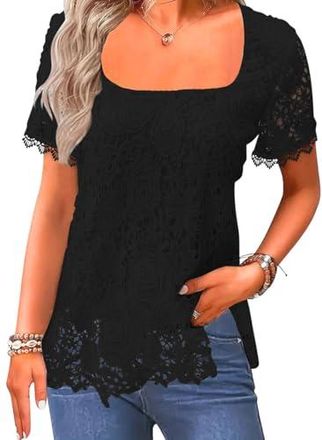 TOMWELL Femme Tee Shirt Dentelle Couleur Unie Manches Courtes Loisirs D&eacute;t&eacute; Chemisier en Dentelle Blouse D&eacute;contract&eacute; en Dentelle Tops Chemisiers C Noir 3XL