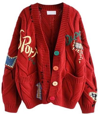 Generic 2026 Vestes pour femmes cardigan chaud tricot&eacute; veste pull veste poche broderie mode cardigan en tricot manteau femme ample, Rouge, Taille unique