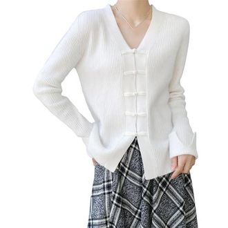 Generic Cardigan d&eacute;contract&eacute; ample &eacute;l&eacute;gant &agrave; col en V pour femme - Doux et chaud - 100 % laine m&eacute;rinos - Pull r&eacute;tro, blanc, Taille XS