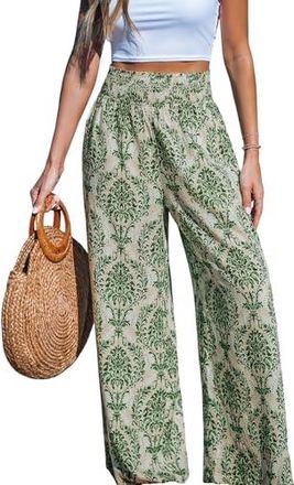 Cupshe Palazzo Pantalon de plage taille haute élastique en coton et lin pour femme, Vert, XL