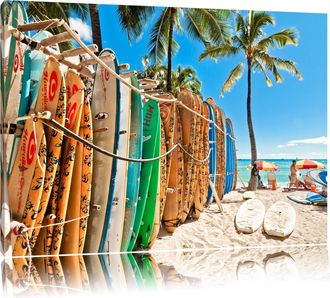 Pixxprint Surfboards am Strand, Größe: 120x80cm, Leinwandbild, fertig gespannt, Wandbild, Dekoration, Kunstdruck, kein Poster