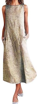 Generic Robes amincissantes pour femmes, &agrave; la mode, &agrave; rayures, avec poche zipp&eacute;e, col rond, sans manches, 2026, kaki, XXL