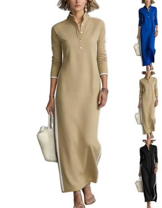 Generic Robe sweat-shirt minimaliste &agrave; col boutonn&eacute; pour femme - Robe longue tendance et fluide, abricot, XXL