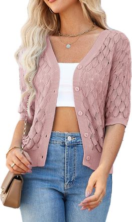Grace Karin Elegante Bolero Damen V-Ausschnitt Strickjacke Casual Cardigan zum Knoten Leder Rosa S