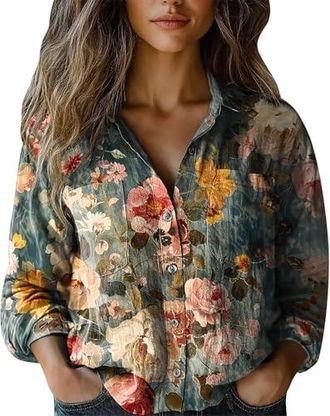 Generic Chemisier &agrave; manches longues pour femme - Style vintage - Chemise florale boh&egrave;me - Col en V - Boutonn&eacute;e - Motif floral - T-shirt &agrave; manches longues - Ch
