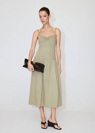 Mango Robe &agrave; col en V fronc&eacute;e kaki - Femme - XXS - MANGO