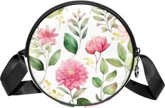 Generic Petit sac &agrave; bandouli&egrave;re circulaire pour femme, motif feuilles florales, sac &agrave; dos avec fermeture &eacute;clair, bretelles r&eacute;glables, sac &agrave; main rond d&eacute;contra