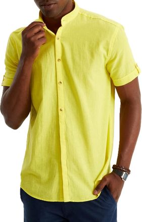 LEIF NELSON Leinenhemd Herren Sommer Kurzarm Gelb/Henley Hemd f&uuml;r Freizeit und Business/Gemischt aus Leinen und Baumwolle/Regular Fit Gr&ouml;&szlig;e M