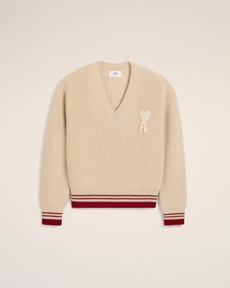 Ami Pull Beige Col V A Côtes En Laine Blanc - XXL - Unisex