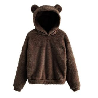 Generic Teddy Fleece Hoodie Damen mit B&auml;ren Ohren Kapuze Cute Langarm Pullover Einfarbig Sweatshirt Cozy Pl&uuml;sch Kapuzenpullover Warm Pulli Kawaii Fleecepulli 