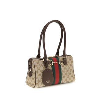 Gucci Womens Horsebit Shoulder Bag Beige Calf Leather