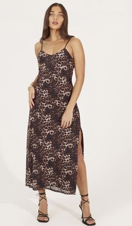 Brave Soul Robe longue fendue &agrave; bretelles et imprim&eacute; l&eacute;opard - Marron-Brown