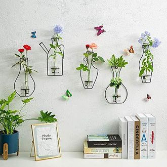 Nuptio Ensemble de 5 R&eacute;cipients de Jardini&egrave;re Suspendus avec des Vases en Verre, Support en M&eacute;tal en Fer pour la D&eacute;coration Darrangement de Fleurs &agrave; Planter 