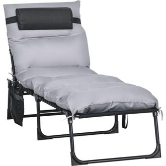 OUTSUNNY Bain de soleil transat pliable inclinable avec poign&eacute;e, pochette rangement et matelas grand confort gris