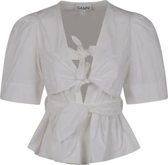 Ganni Femme, Blouses et Chemises, Blanc, Taille: 36 FR Chemisier &agrave; Bretelles &agrave; Nouer en Coton Stretch D&eacute;lav&eacute;