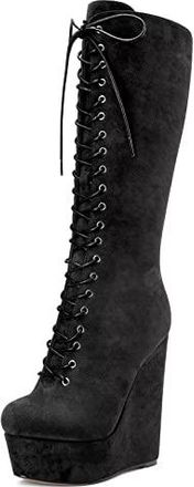 Castamere Femmes Compens&eacute; Haut High Talon Heel Ferm&eacute; Rond Bout Mi Mollet Lacets Fermeture &agrave; Glissi&egrave;re Classique Bottes Noir 45 EU