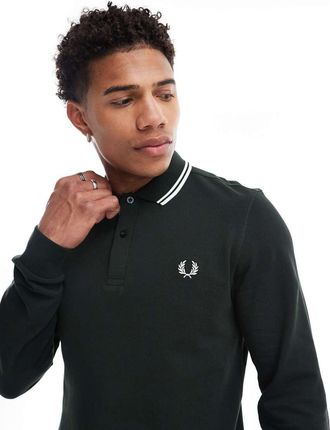 Fred Perry Lang&auml;rmliges Poloshirt in Nachtgr&uuml;n mit doppeltem Zierstreifen