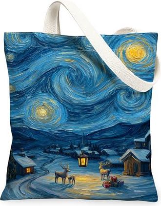 Generic Sac fourre-tout en toile avec motif renne dhiver, motif nuit &eacute;toil&eacute;e, l&eacute;ger, lavable, respectueux de lenvironnement, pour le shopping, les voyages, la