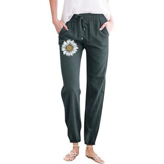 Generic Pantalon en coton et lin pour femme - Jambe large - Pantalon de plage d&eacute;t&eacute; pour femme - Confortable - Pantalon de yoga Palazzo XIYU26032, vert fonc&eacute;, 