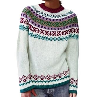Generic Pull Fairisle pour femme - Grande taille - Pull tendance à manches longues et col rond - En tricot festif - Pour lhiver et les vacances, ZA-White, 4XL
