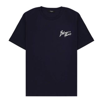 Balmain Homme, Tops, Bleu, Taille: 2XS Small Paris Brush T-shirt