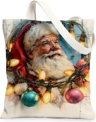 Generic Sacs fourre-tout en toile de No&euml;l, motif P&egrave;re No&euml;l, sacs de courses r&eacute;utilisables, festifs, color&eacute;s, l&eacute;gers et lavables, Color&eacute;, 13x15 Inch