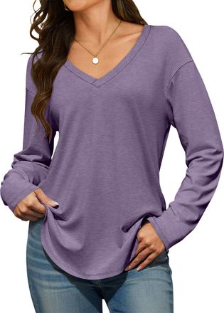 Onsoyours Damen Tiefer V-Ausschnitt Tshirt Langarm Tunika Herbst Winter Oberteile Casual Longshirt Basic Tops A Lila XL
