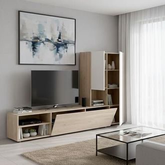Dmora Wohnzimmerm&ouml;bel Ainos, Modulares Wohnzimmerset, Mehrzweck-Wohnzimmerm&ouml;bel, Moderner TV-Schrank, 227x40 h141 cm, Wei&szlig; und Eiche