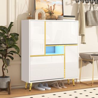 Generic Schuhschrank mit LED Beleuchtung Wei&szlig; Hochglanz 80 cm Breit Flurkommode Schmal Modern Sideboard Schuhregal Geschlossen Goldene Akzente Shoe Cabinet & 