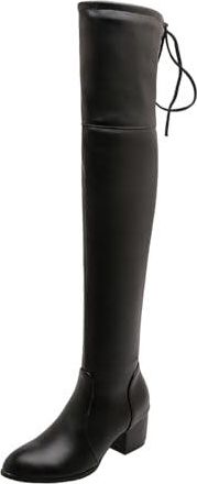 SJJH Bottes au-dessus du genou - Dos r&eacute;glable - Bottes pour femme pour le quotidien et la soci&eacute;t&eacute; - Talon de 5,5 cm - Doublure chaude, Noir, 37 EU