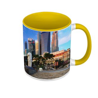 Fabulous Tasse, hochwertig, gelb, Singapur, Beere, Stadt, Nacht, Wolkenkratzer, Merlion, Dekoration - Tasse mit Henkel und farbigem Innenraum