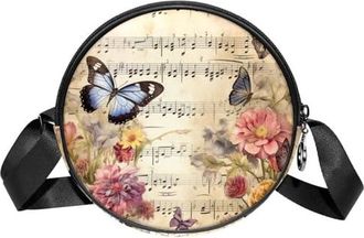 Generic Sac &agrave; bandouli&egrave;re rond pour femme, motif notes de musique florales, petit sac &agrave; dos &agrave; bandouli&egrave;re avec fermeture &eacute;clair, bretelles r&eacute;glables, sac &agrave; ma