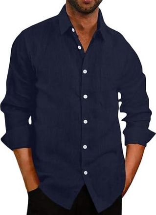 Coofandy Chemise &agrave; manches longues en lin pour homme - Avec poche poitrine - Chemise daffaires - Chemise d&eacute;t&eacute; - L&eacute;g&egrave;re - Couleur unie, Bleu marine, 3XL