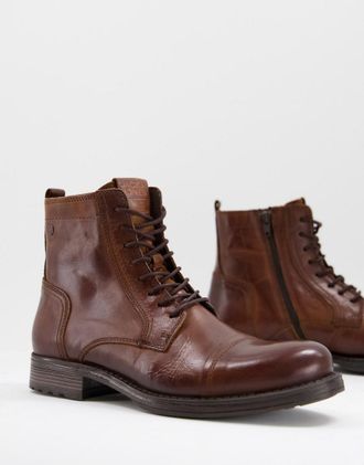 Jack & Jones Bottes montantes &agrave; lacets en cuir - Marron